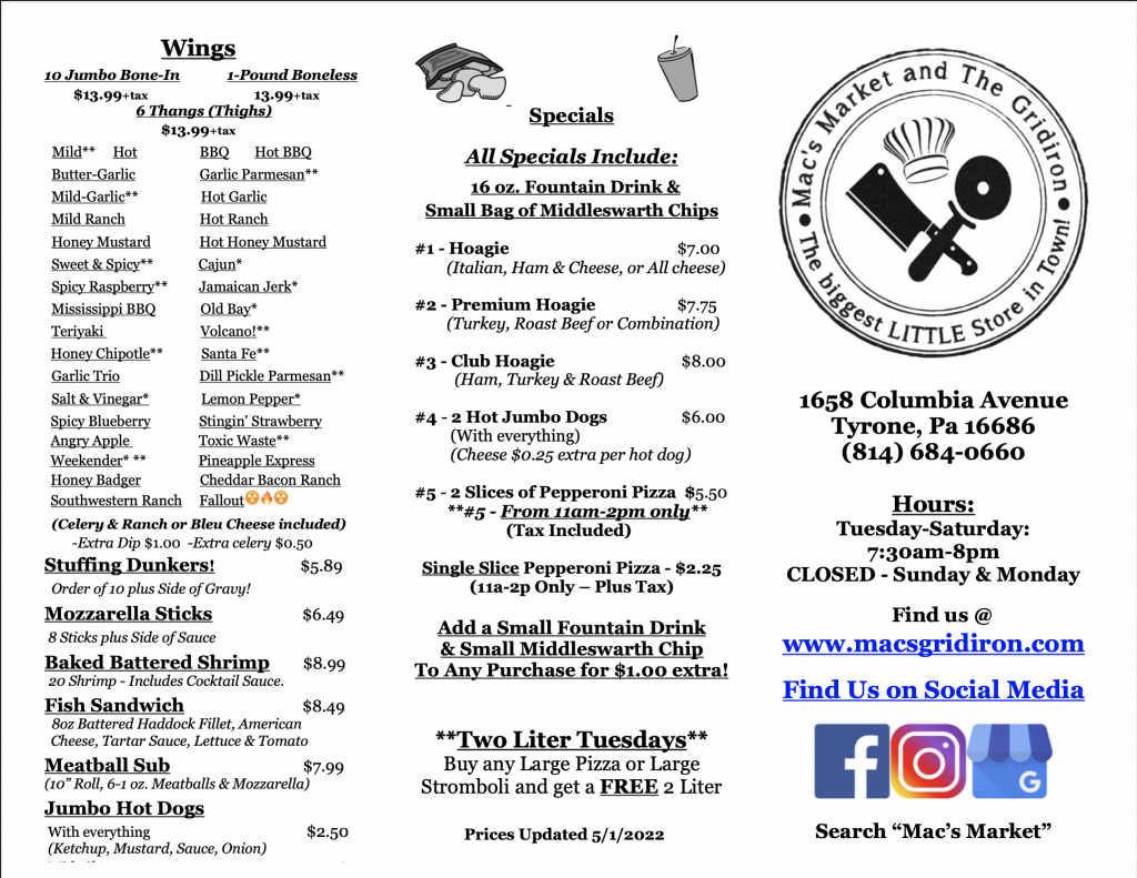 Menu – Mac's Market & The Gridiron